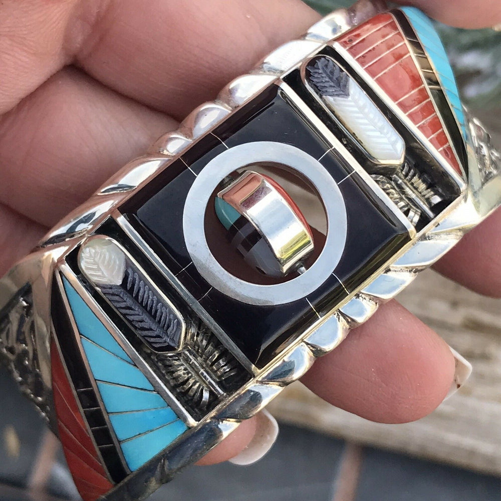 Don Dewa Zuni Sterling Silver Multi-stone SunFace Swivel Cuff Bracelet