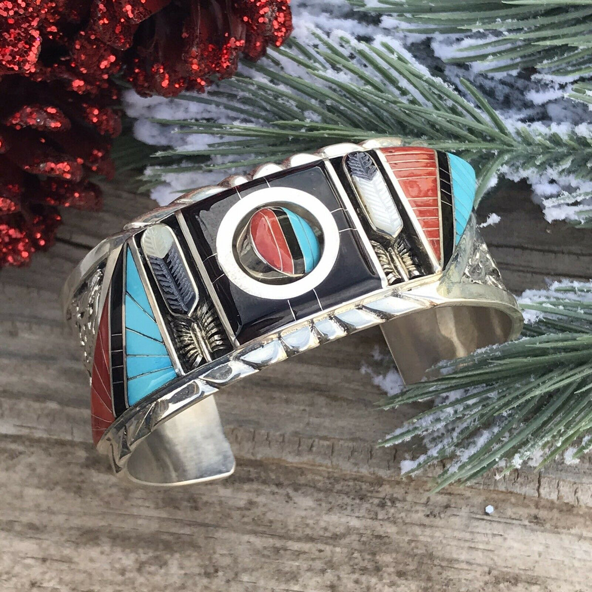 Don Dewa Zuni Sterling Silver Multi-stone SunFace Swivel Cuff Bracelet