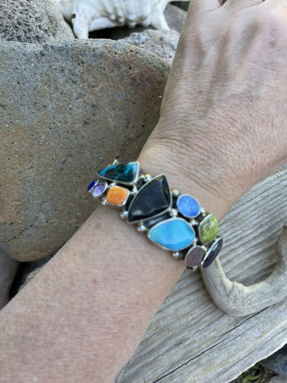 Handcrafted Multi Stone & Gem Sterling Silver Cuff Bracelet Signed