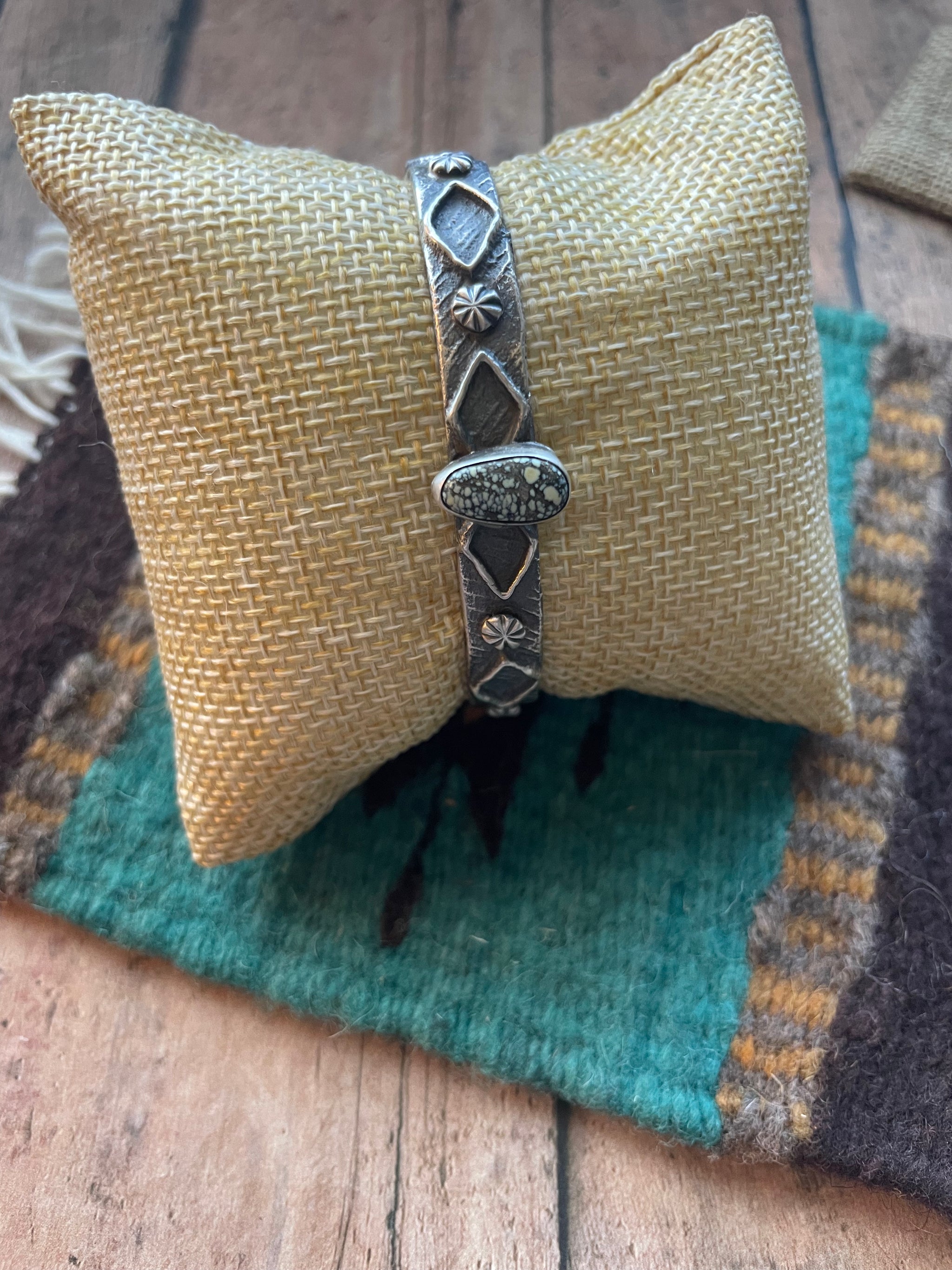 Handcrafted New Leander Turquoise & Sterling Silver Tufa Cast Cuff Bra