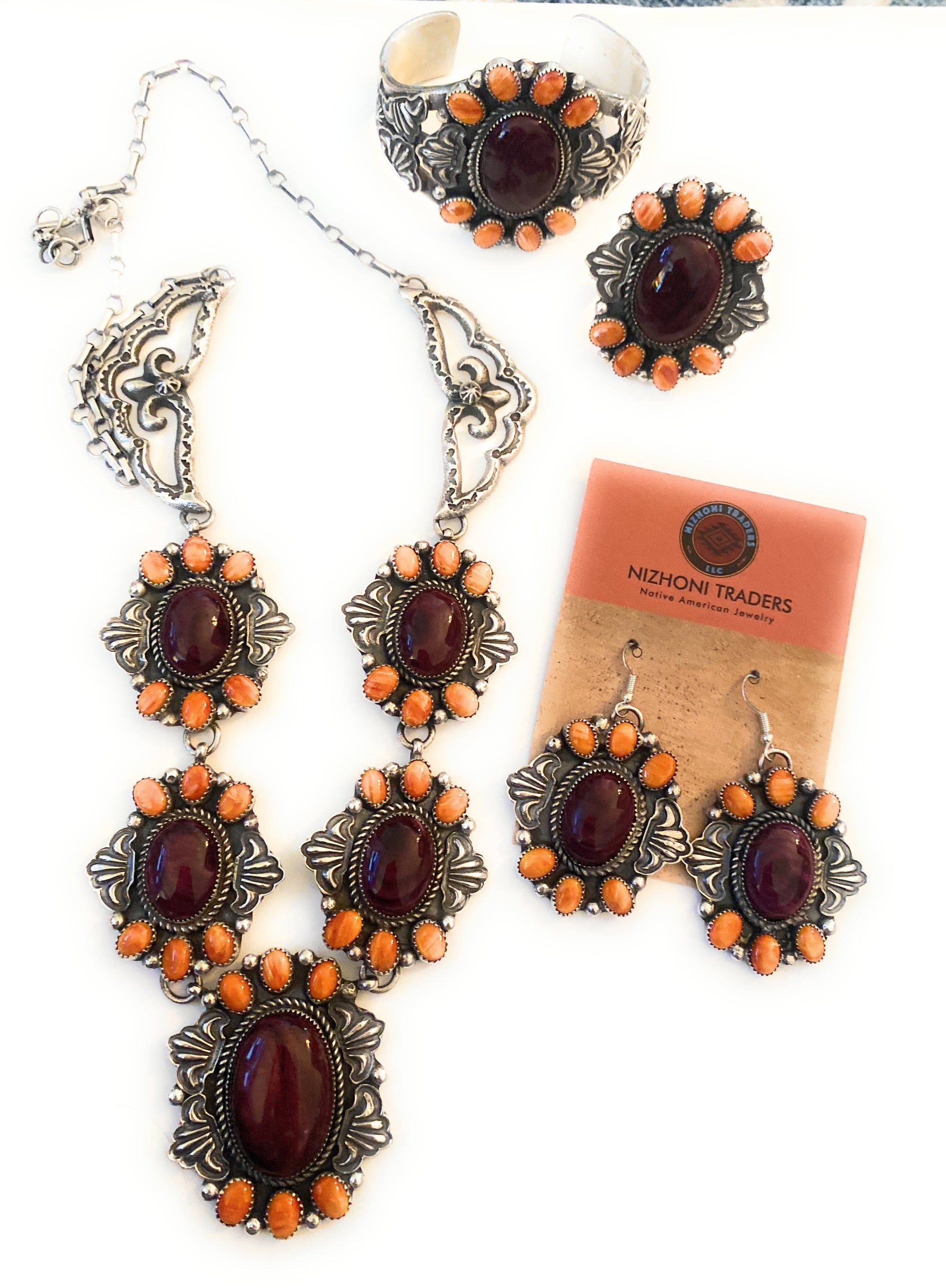 Navajo Multicolor Spiny And Sterling Silver 4 Piece Set by Kevin Billa
