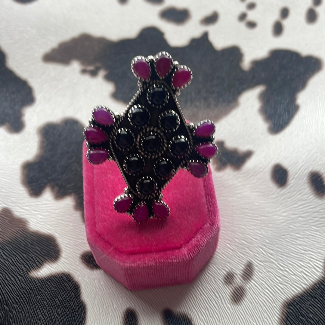 Handmade Pink & Black Onyx Sterling Silver Adjustable Ring Signed Nizh