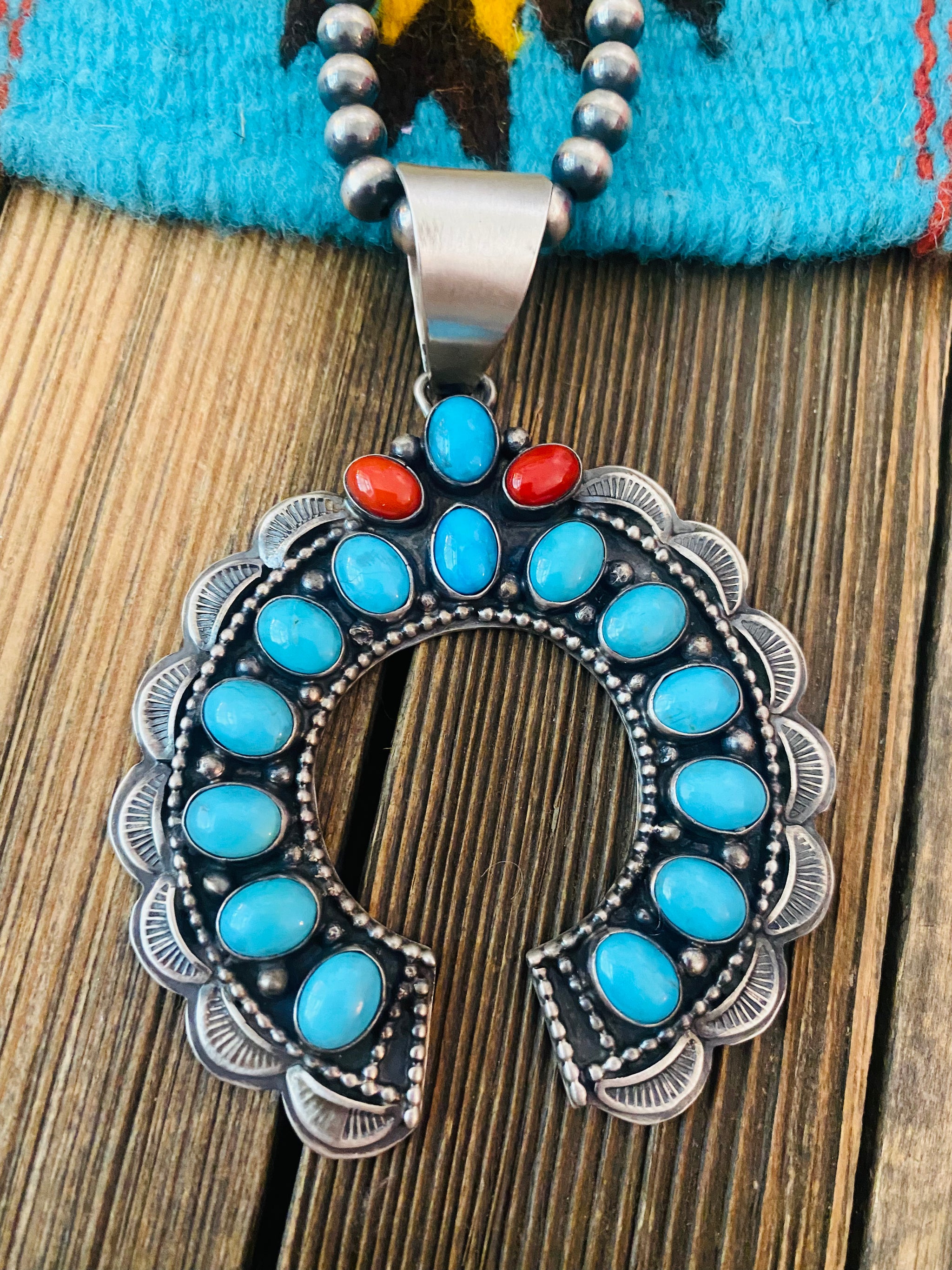 Handcrafted Sterling Silver, Sleeping Beauty Turquoise & Coral Naja Pe
